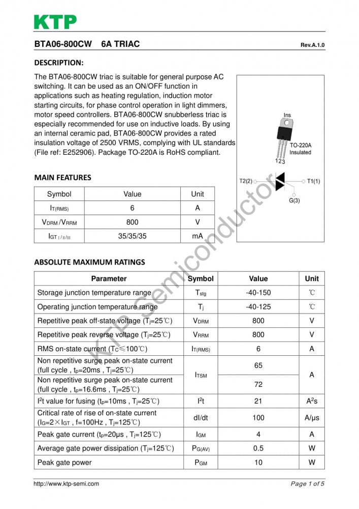 BTA06-800CW datasheet page 1