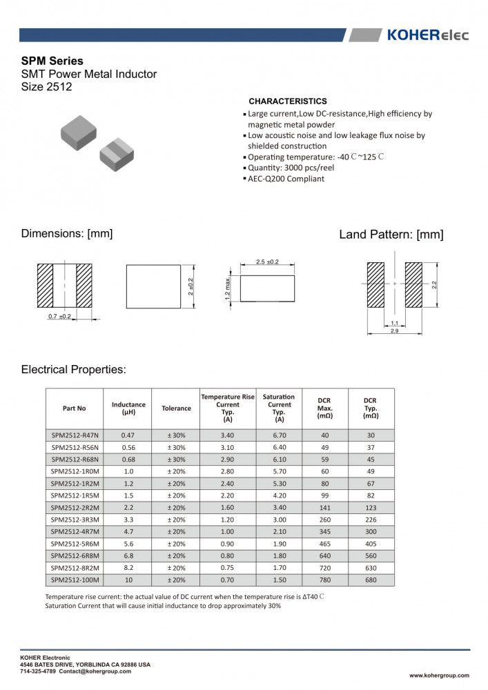 KOHERelec SPM2512 series product characteristics and dimensions