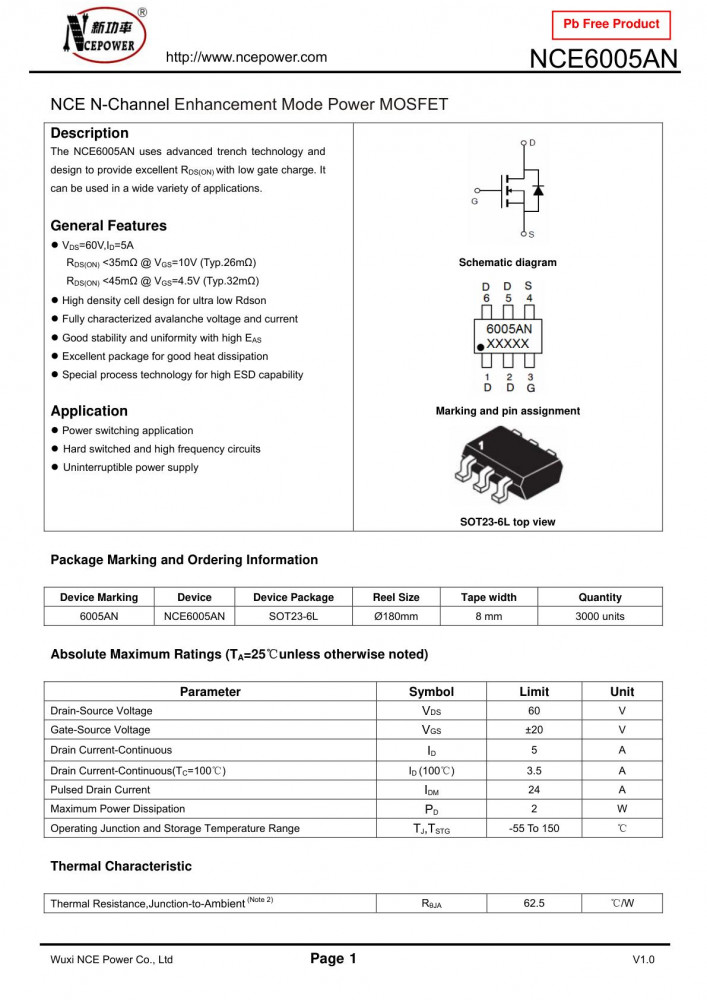 NCE6005AN datasheet page 1