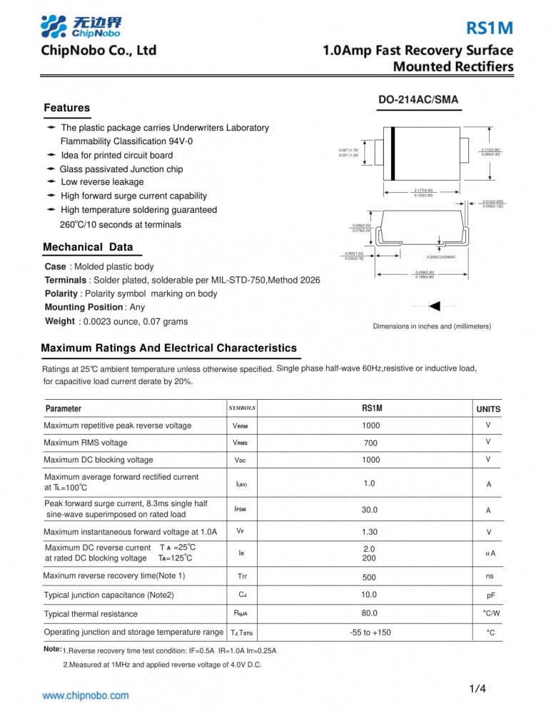 RS1M datasheet page 1