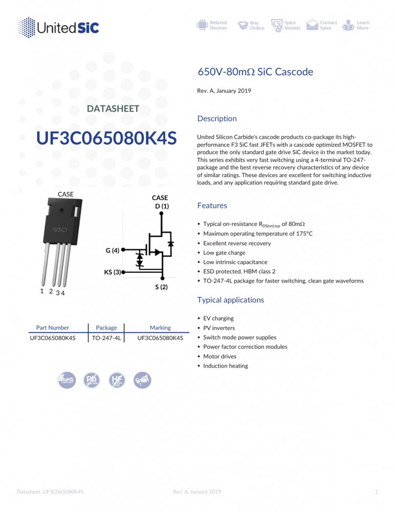 UF3C065080K4S datasheet page 1