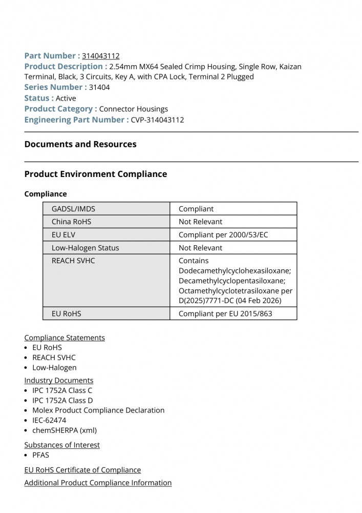 Technical document image 1 for MOLEX 314043112