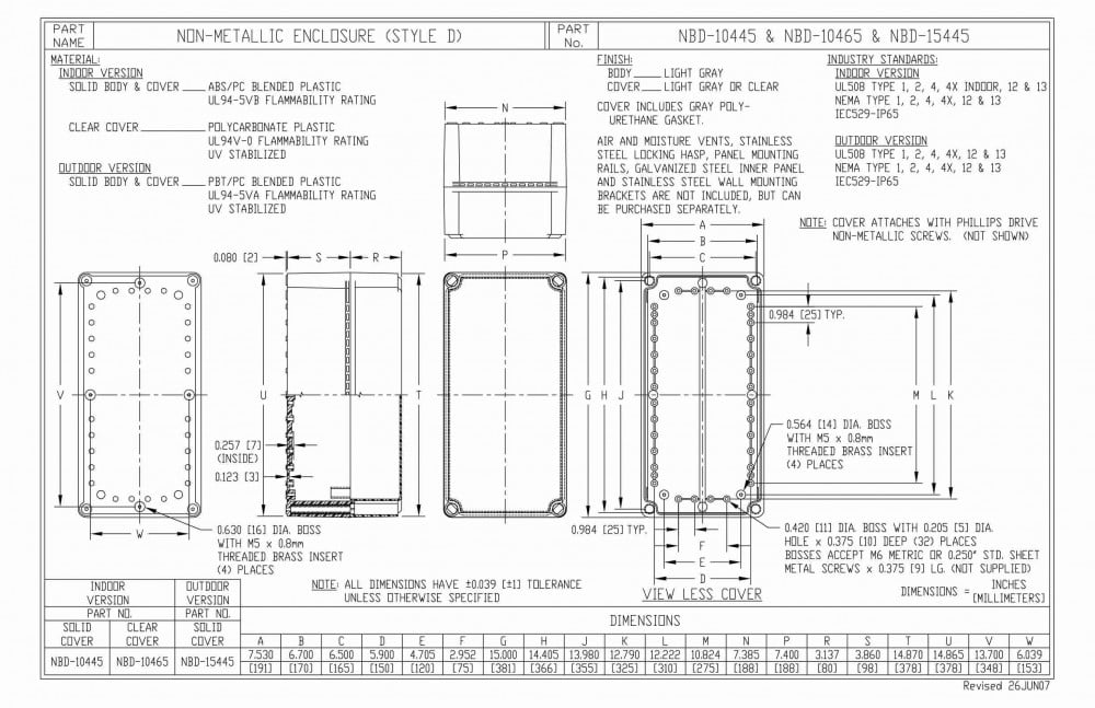 NBD-15445 product drawing and enclosure information