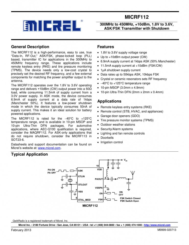 MICRF112 datasheet page 1