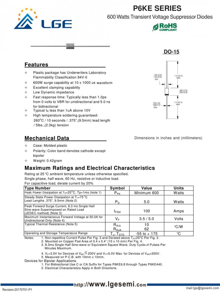 LGE P6KE series datasheet page 1