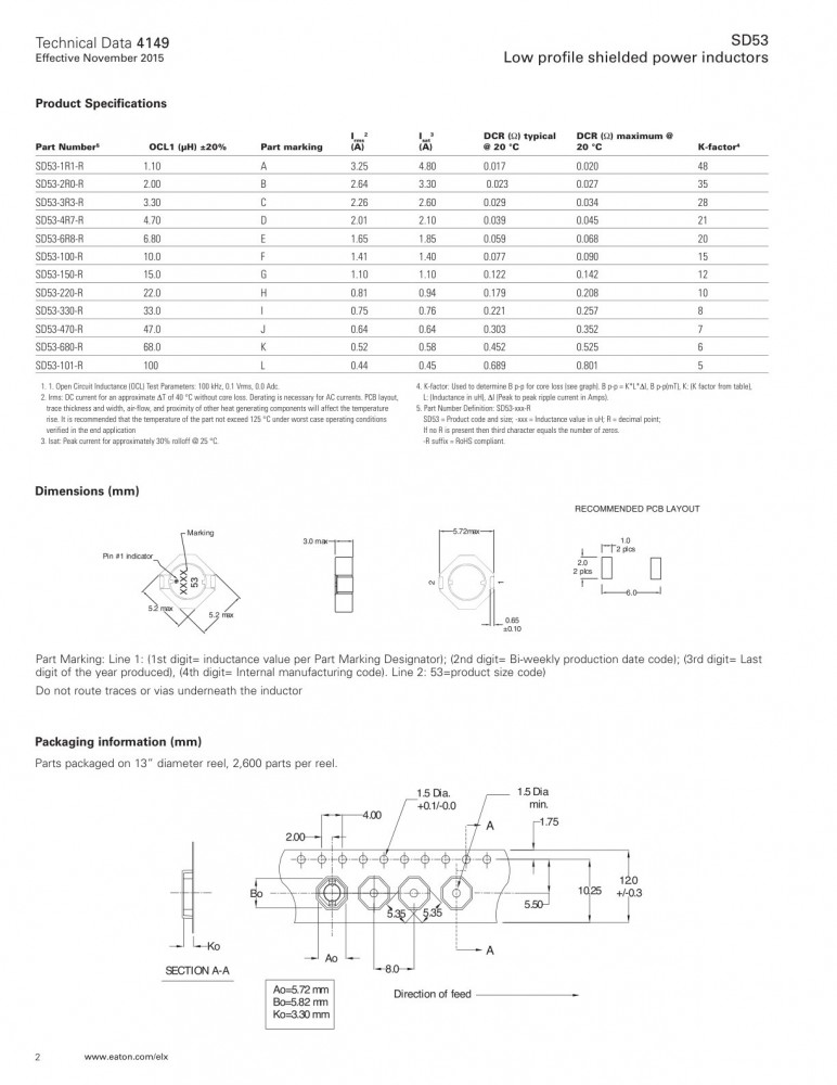 EATON SD53-150-R electrical specification page