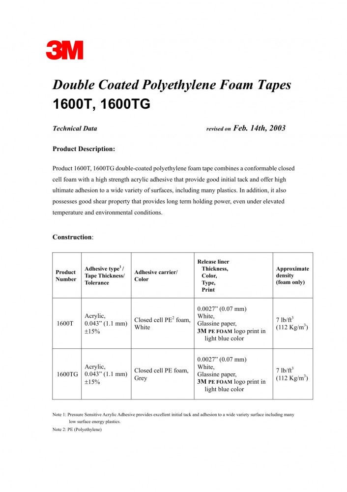3M 1600T technical document page 1