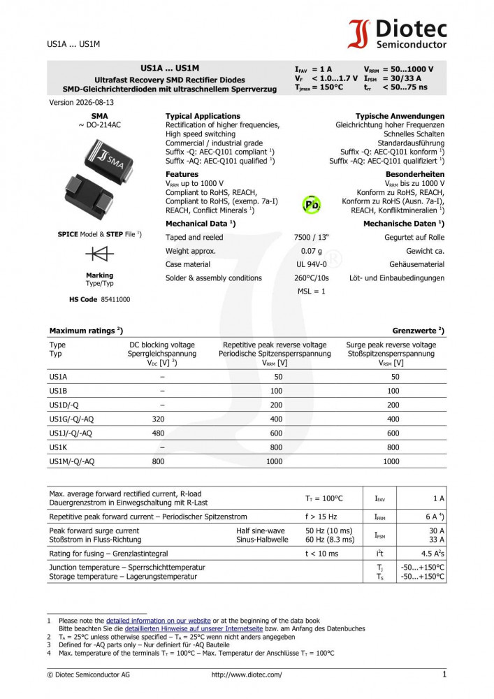 DIOTEC US1G-AQ technical document page 1