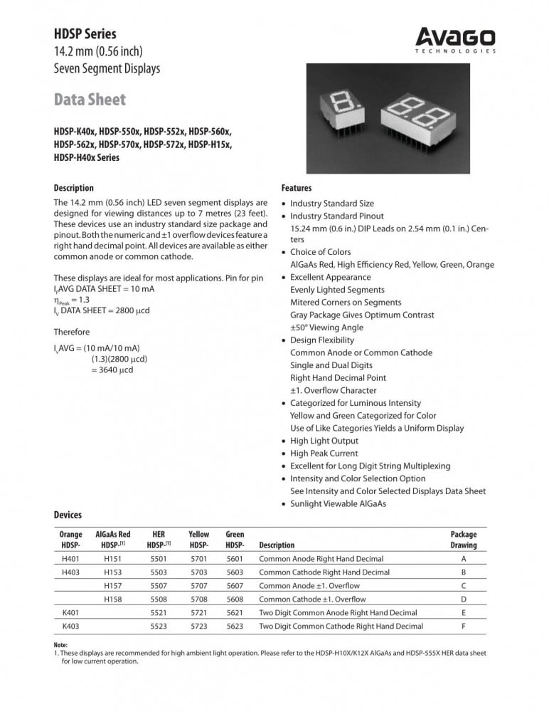HDSP series datasheet page 1