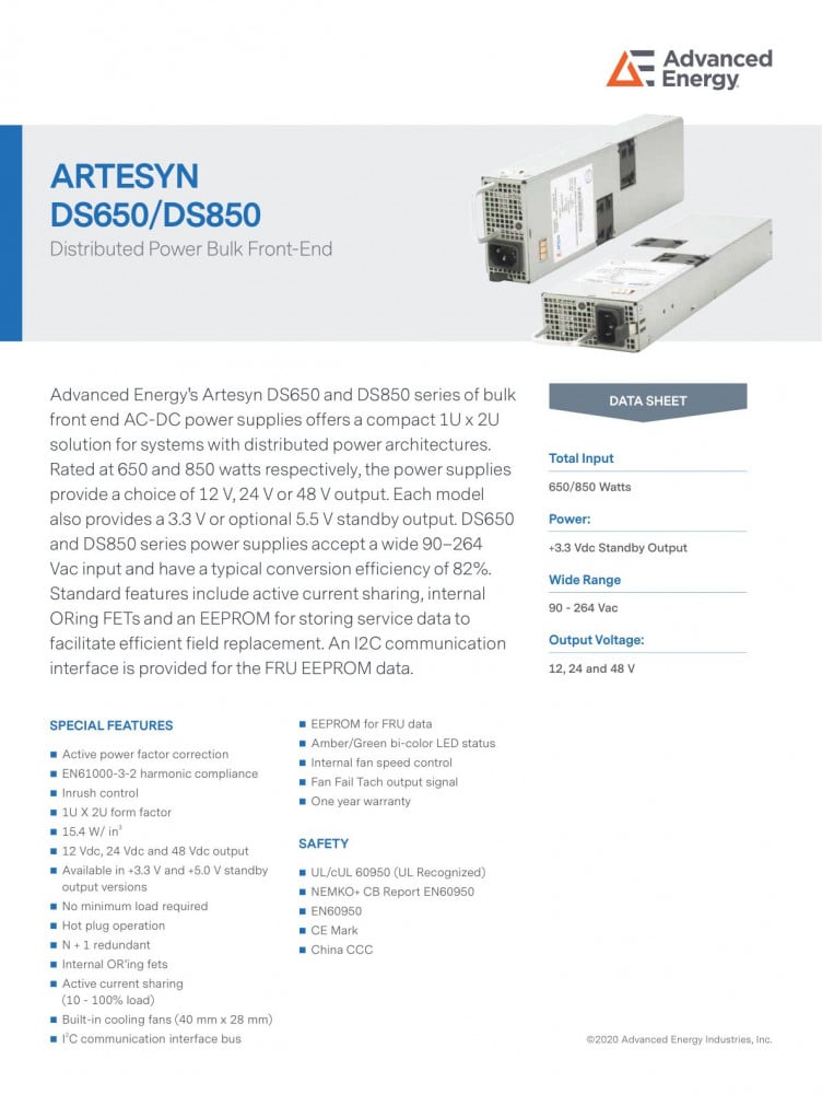 Artesyn DS850-3 datasheet page 1