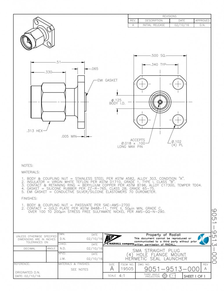 Radiall 9051-9513-000 product drawing page