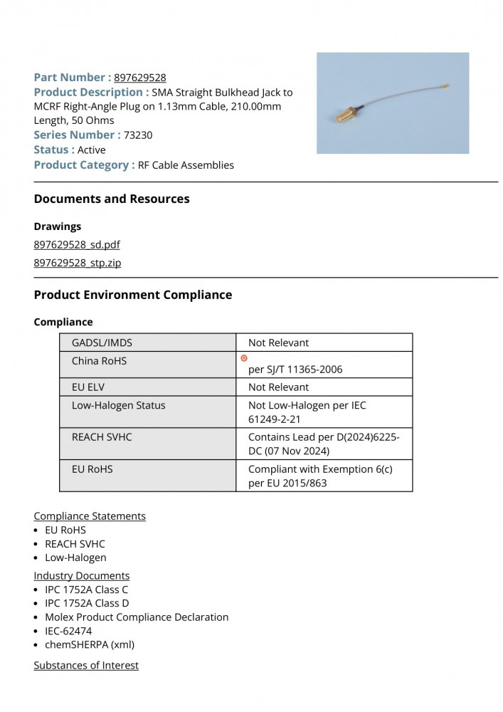 Molex 897629528 product drawing, page 1