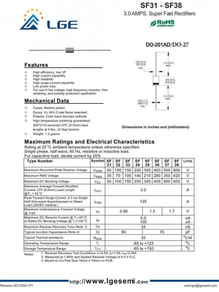 LGE SF38 datasheet page showing package and electrical specifications