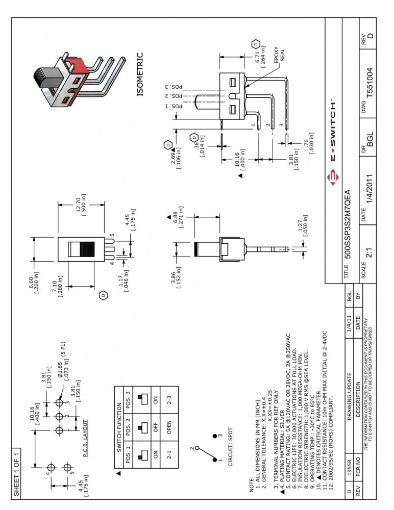 E-Switch 500SSP3S2M7QEA technical drawing page