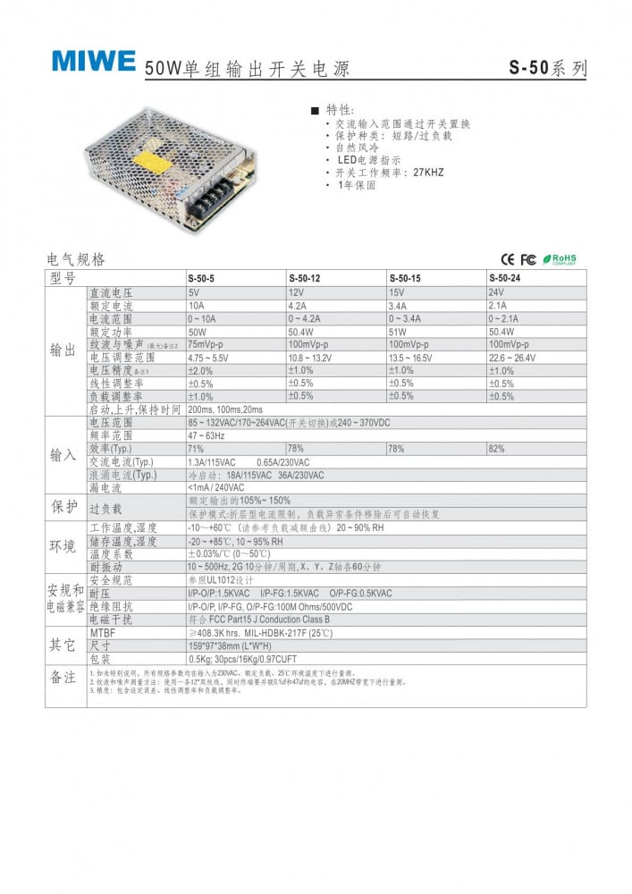 MIWE S-50 series electrical specifications