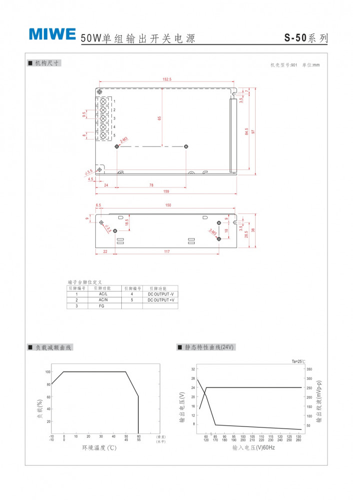 MIWE S-50 series mechanical drawing and terminals