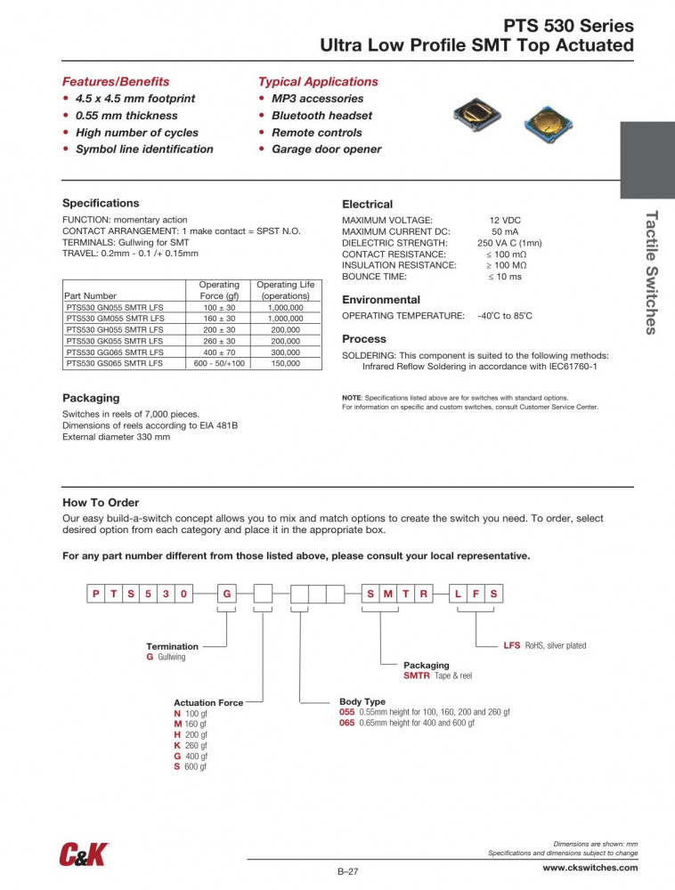 C&K PTS530 product documentation page 1