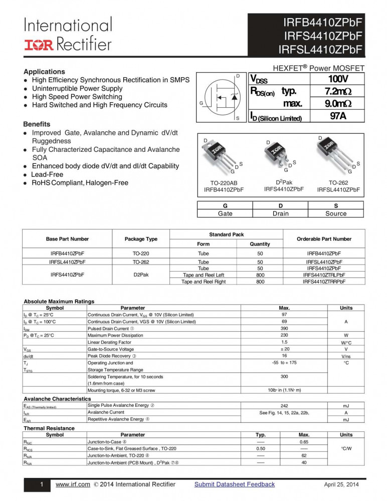 IRFB4410ZPBF datasheet page 1