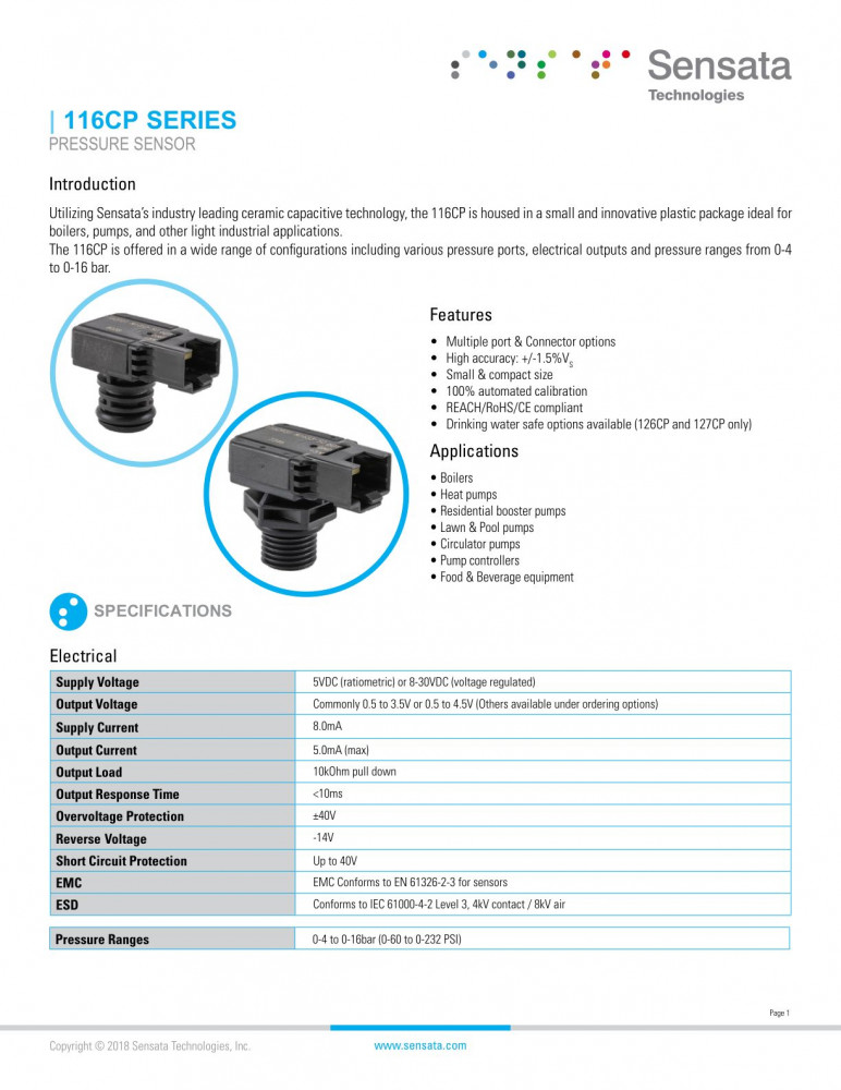 Sensata 116CP pressure sensor datasheet page 1