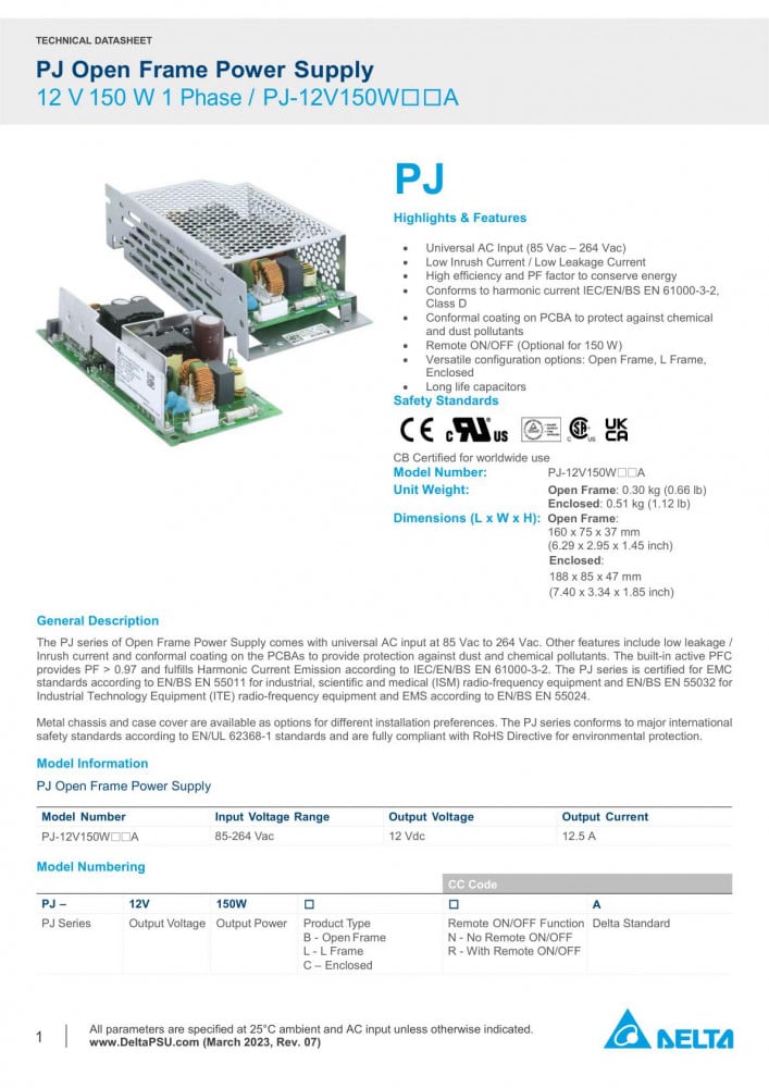 DELTA PJ-12V150WLNA datasheet page 1