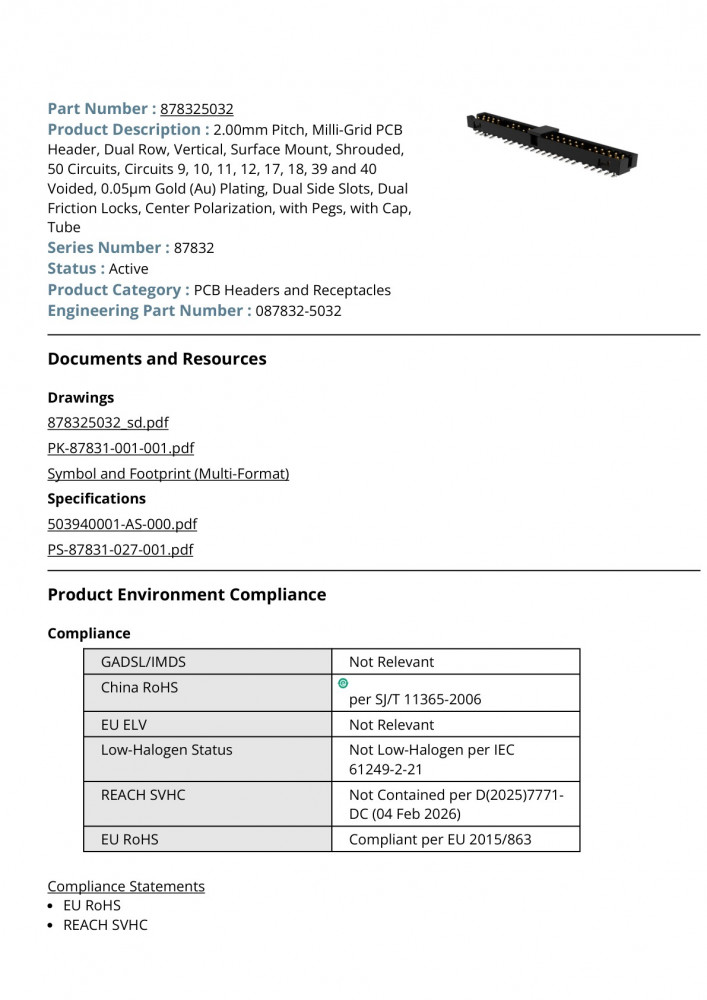 Technical document page 1 for MOLEX 878325032
