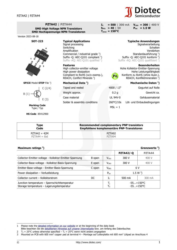 DIOTEC PZTA42 datasheet page 1