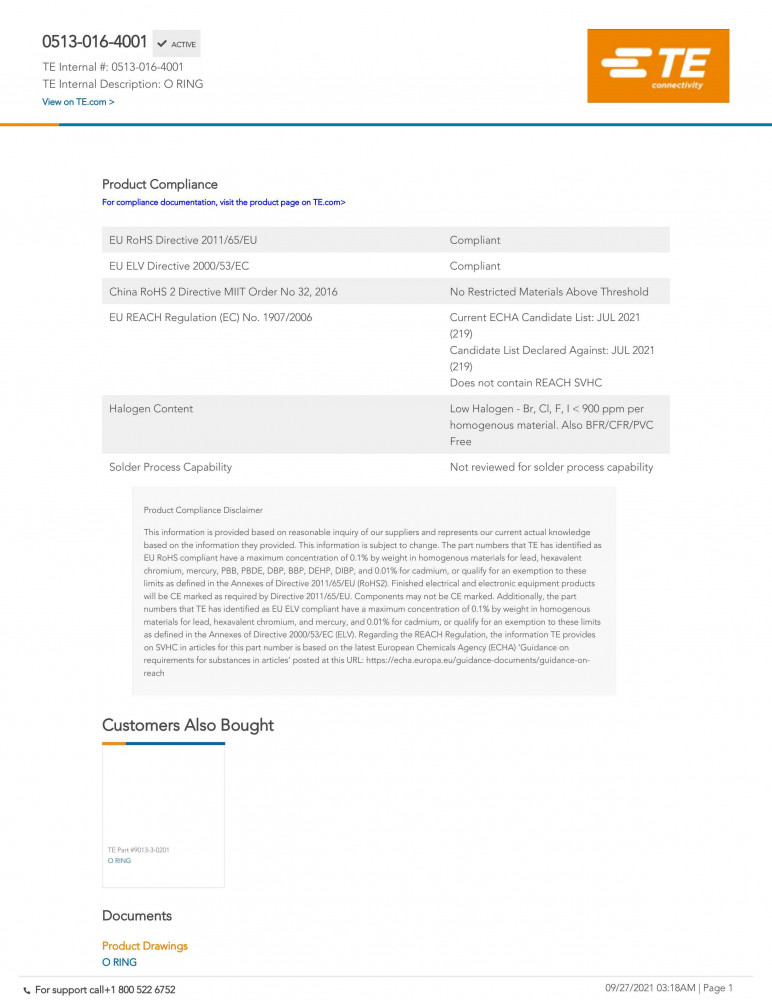 0513-016-4001 O-ring product drawing, page 1
