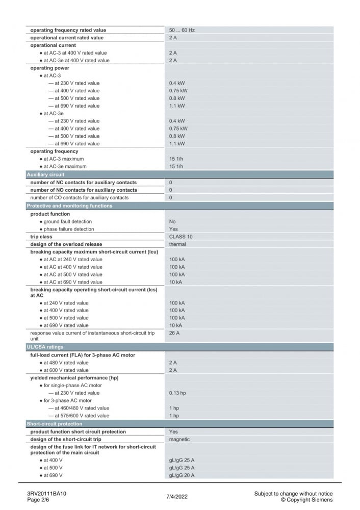 3RV20111BA10 technical document page 2
