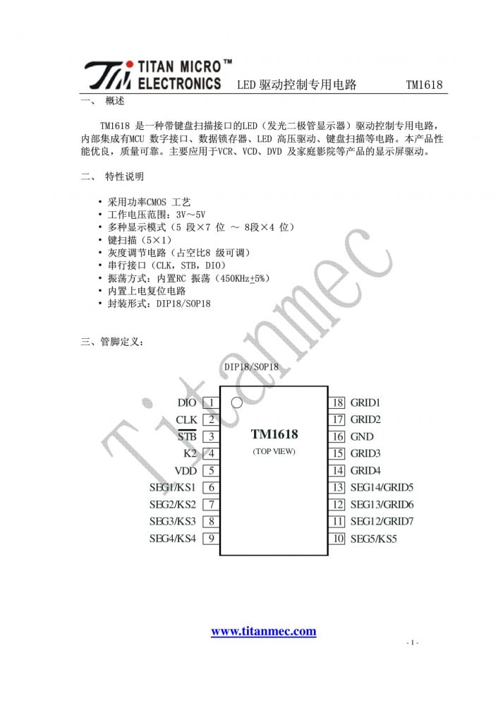 TM1618 datasheet page 1