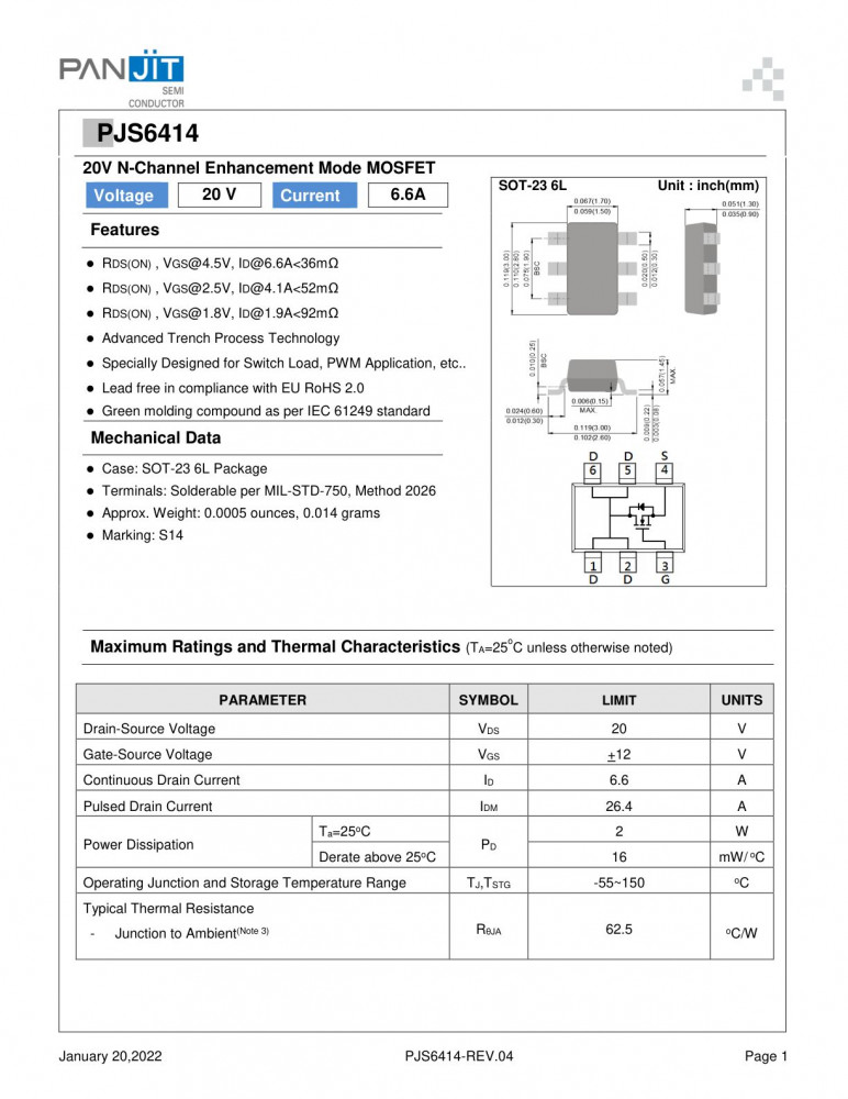 PJS6414 datasheet page 1