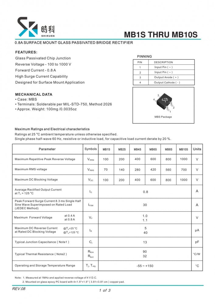 MB8S datasheet page 1