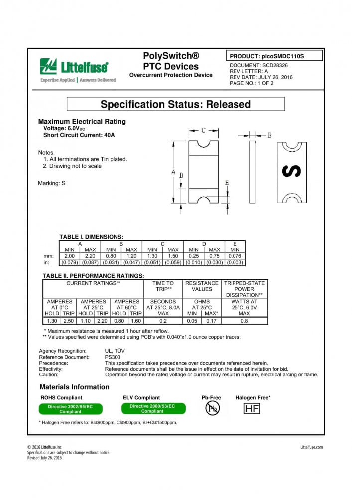 PICOSMDC110S-2 specification page 1