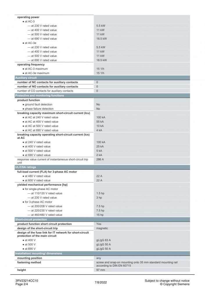 SIEMENS 3RV23214CC10 technical document page 2
