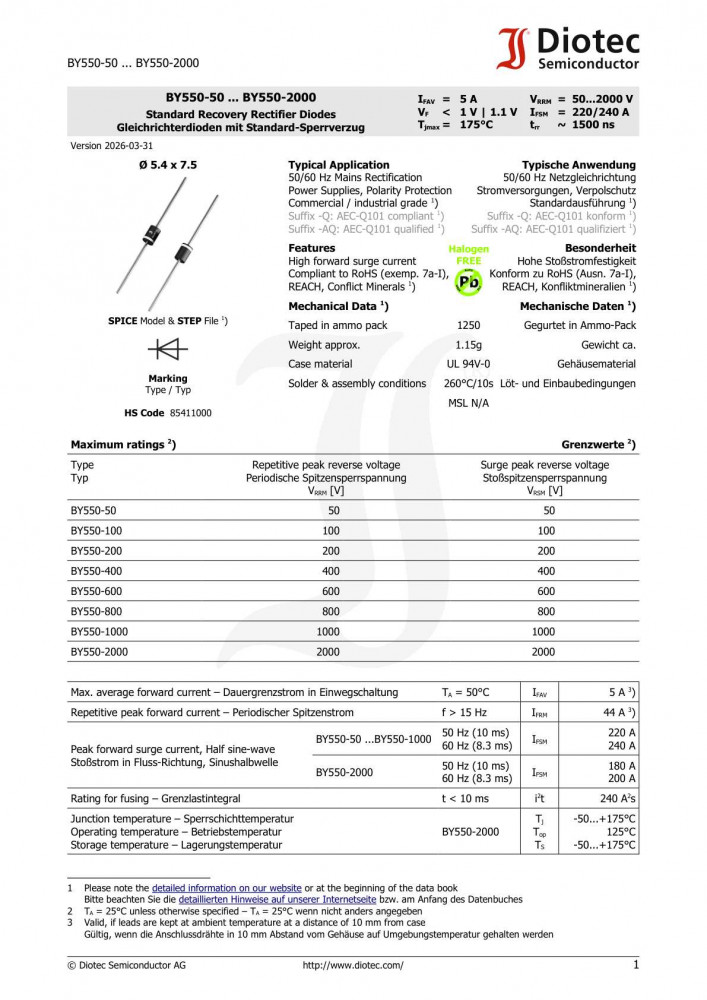 BY550 standard recovery rectifier datasheet page 1