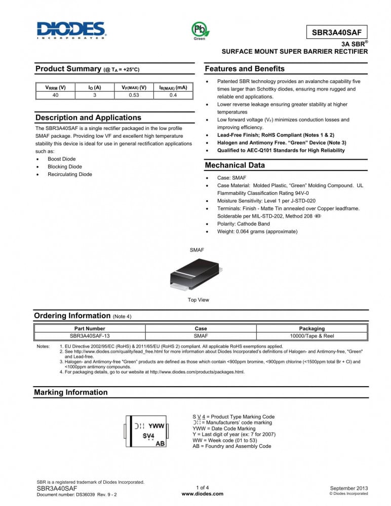 SBR3A40SAF-13 datasheet page 1