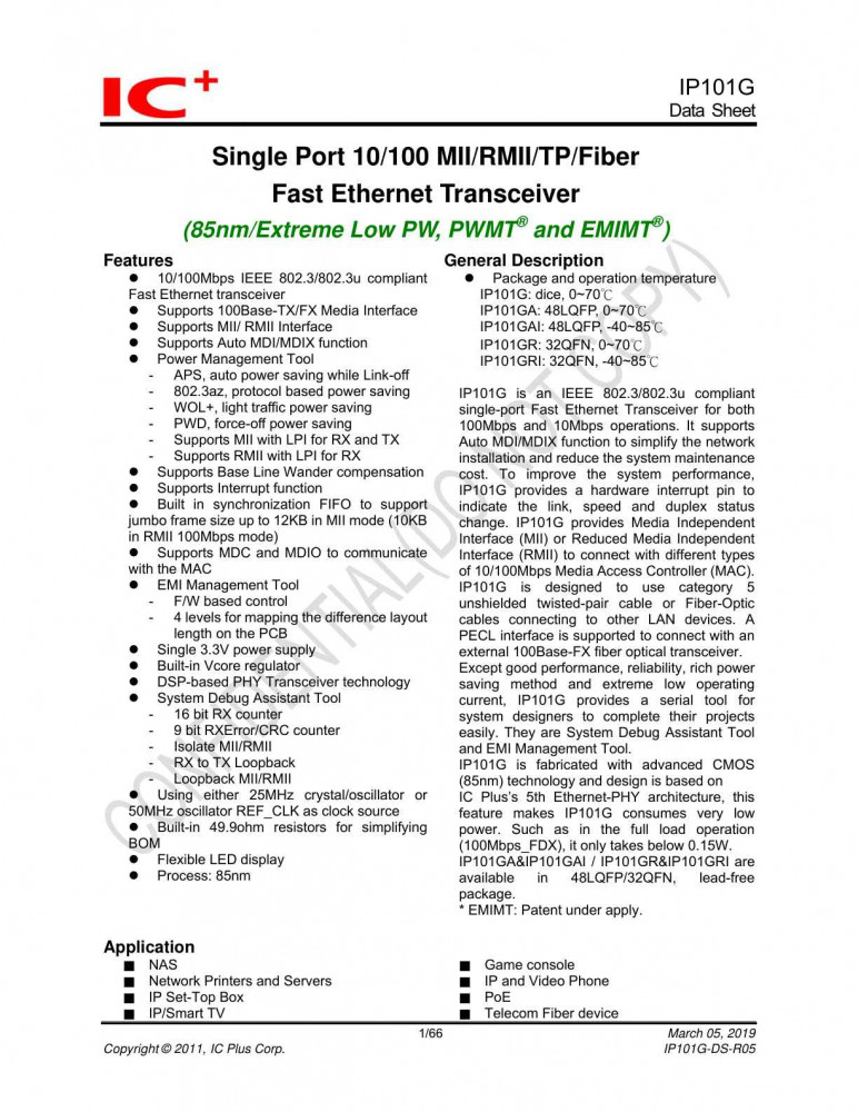 IP101G datasheet page 1