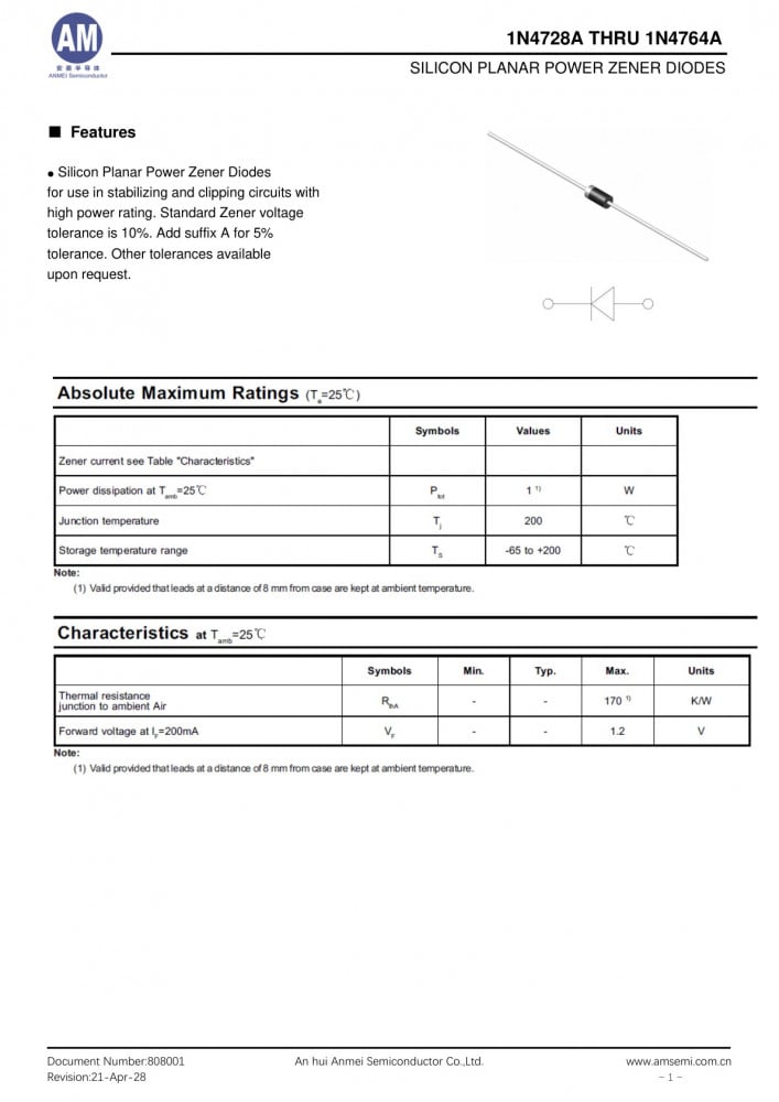 amsem 1N4740A datasheet page 1