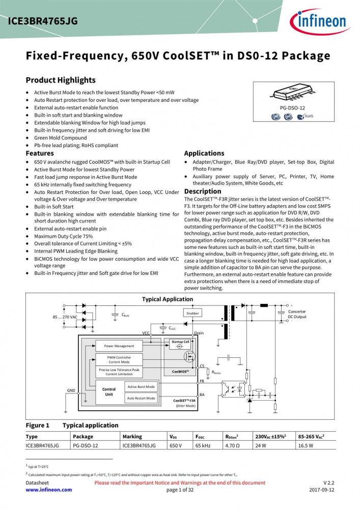 ICE3BR4765JG datasheet page 1