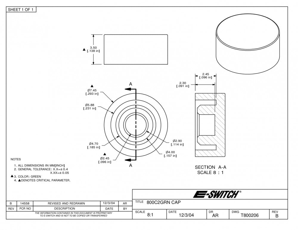 E-Switch 800C2GRNCAP technical document page