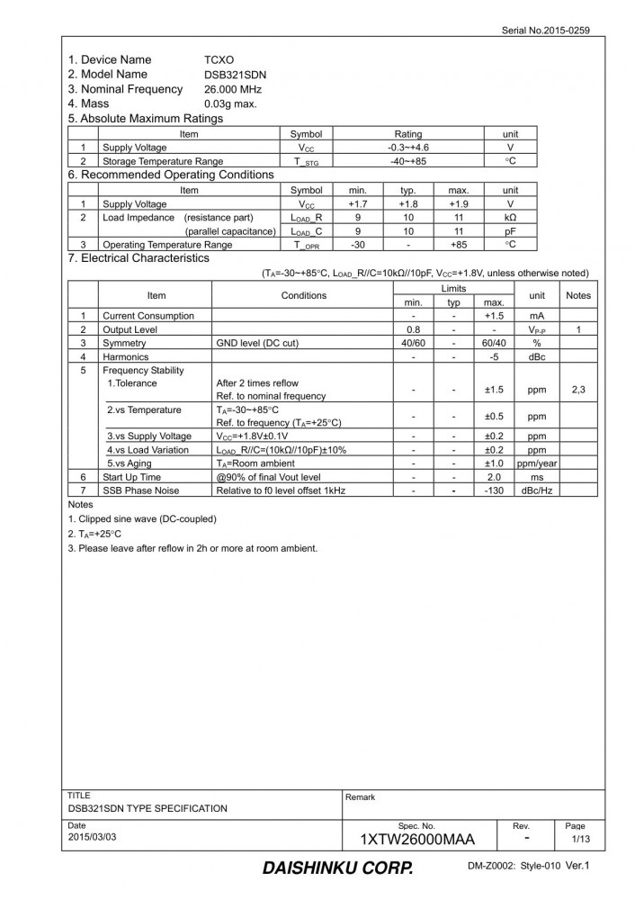 KDS 1XTW26000MAA specification page 2