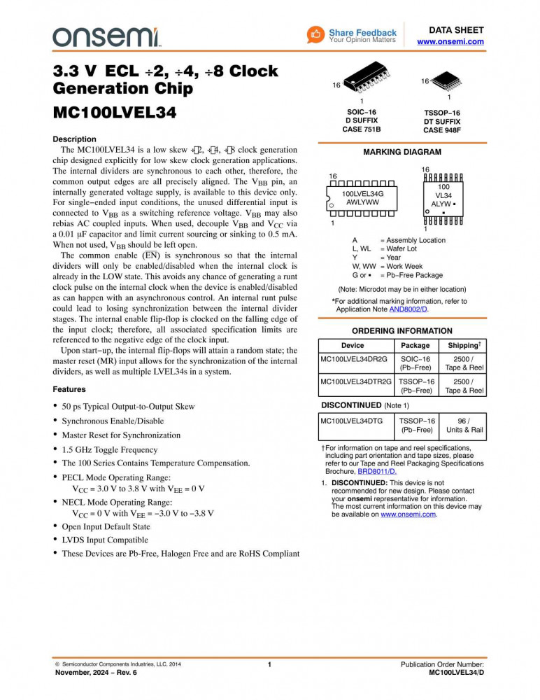 MC100LVEL34 datasheet page 1
