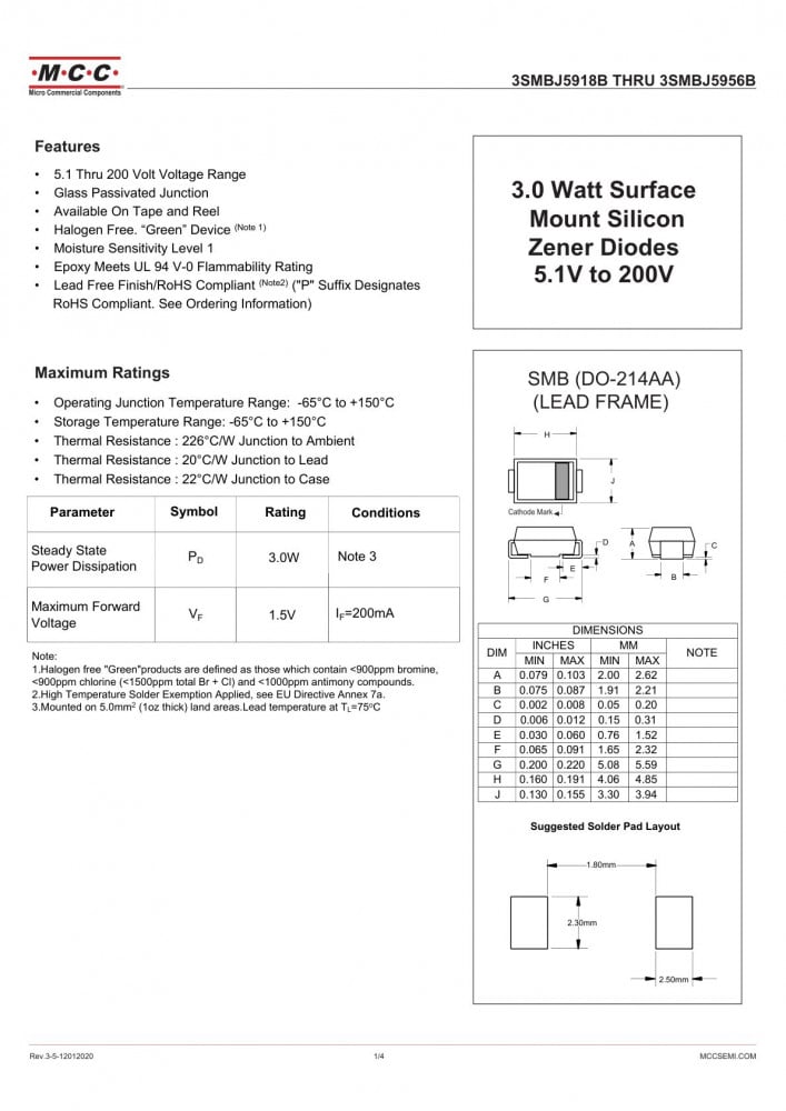 MCC 3SMBJ5956B-TP datasheet page 1