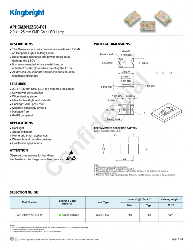 APHCM2012ZGC-F01 datasheet page 1