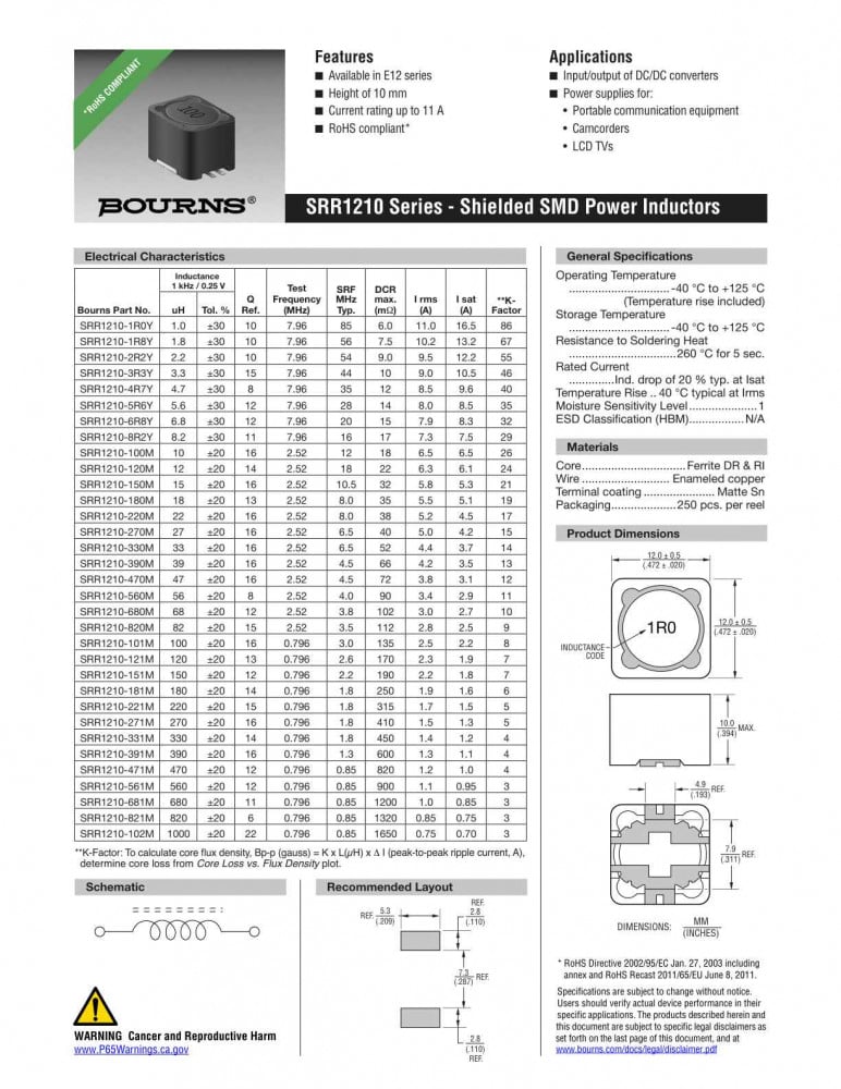 BOURNS SRR1210 datasheet page 1