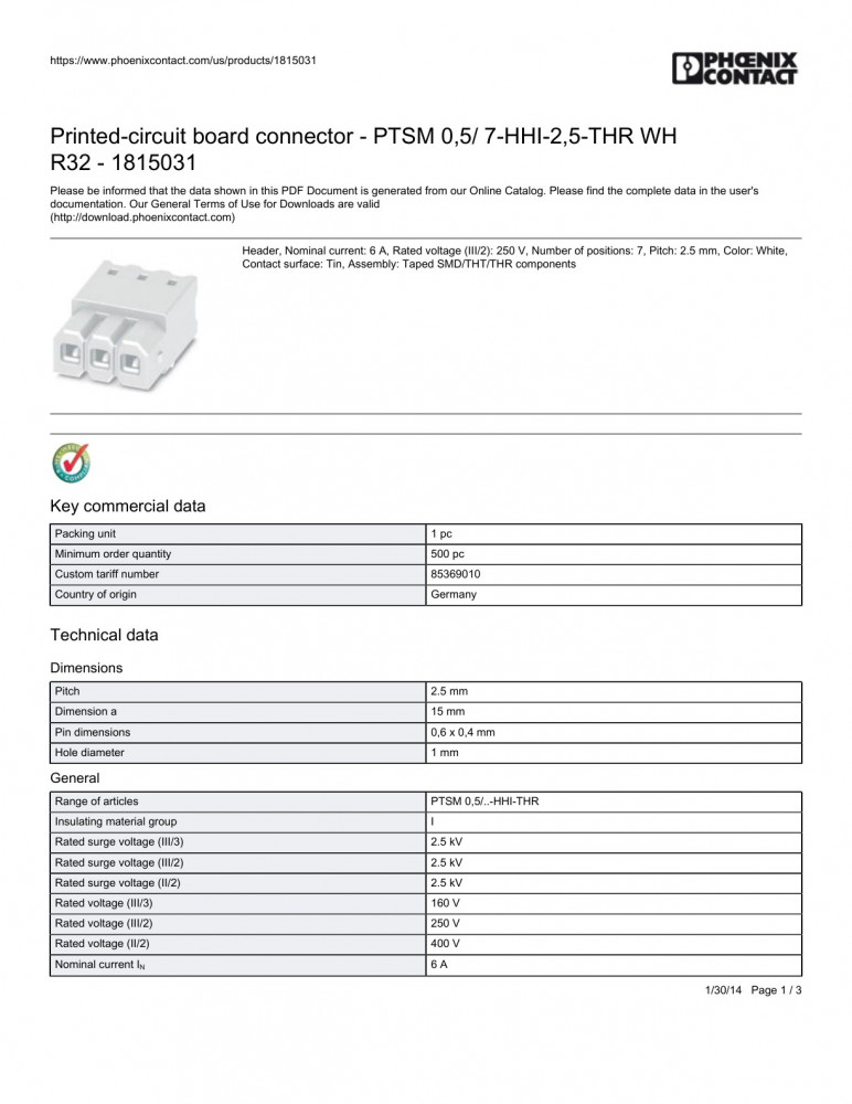 Phoenix Contact 1815031 product document page 1