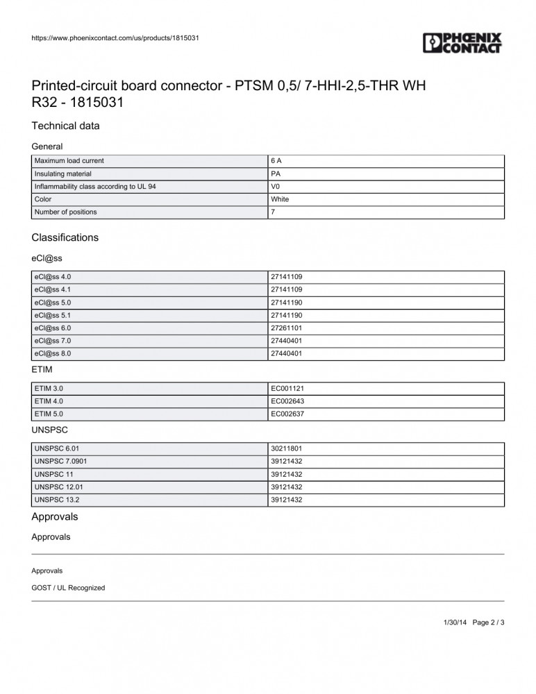 Phoenix Contact 1815031 technical data page