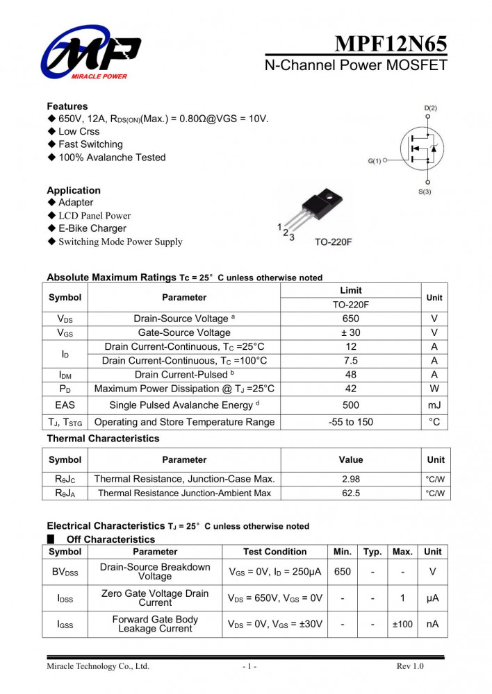 MPF12N65 datasheet page 1