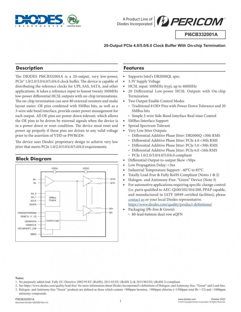 PI6CB332001AZXBIEX datasheet page 1