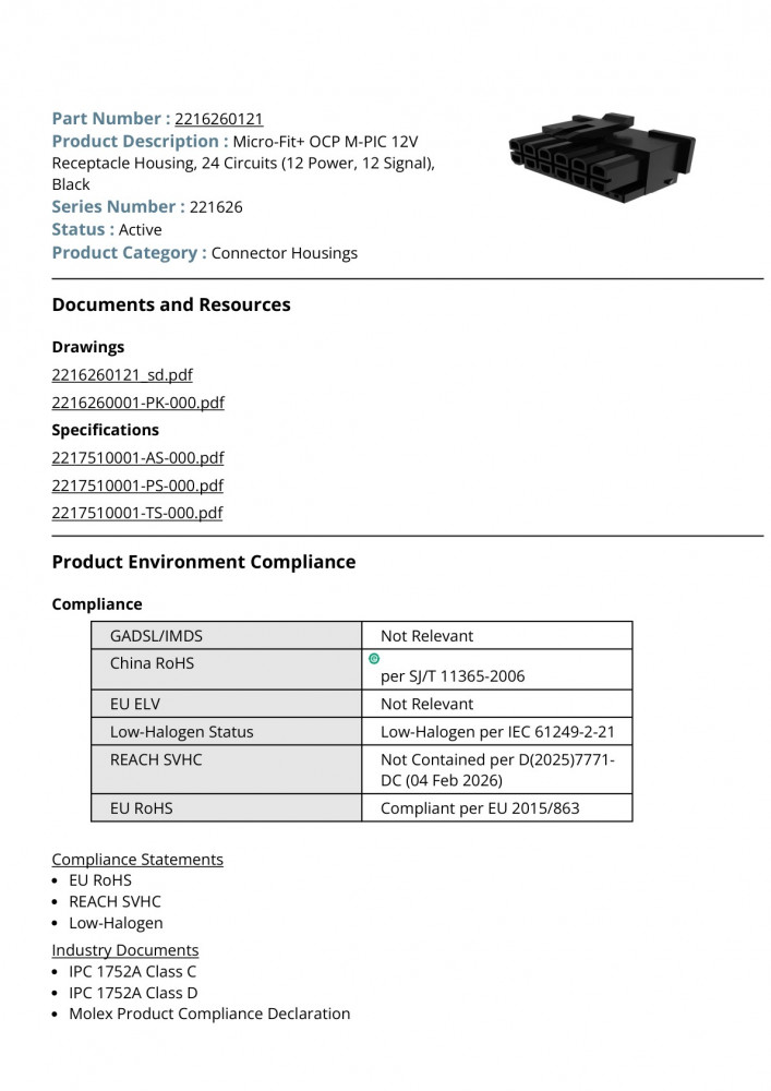 MOLEX 2216260121 technical document preview, page 1