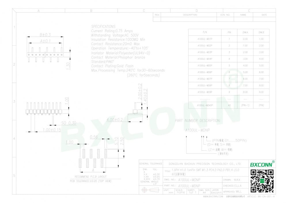 BXCONN A100UL-WD03P technical document preview